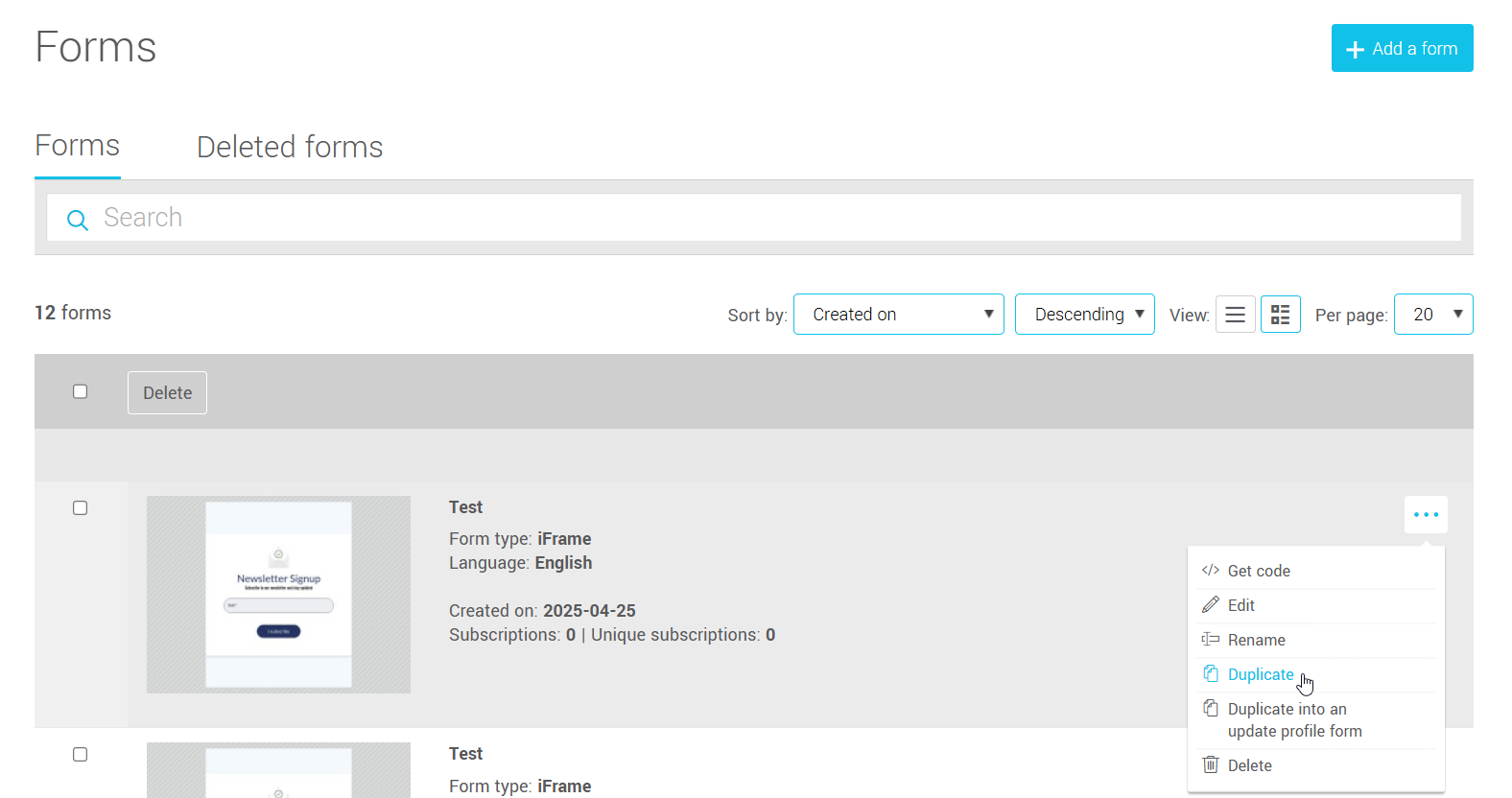 Getting started with your forms | Edit, rename, duplicate, delete or restore a form - Cyberimpact